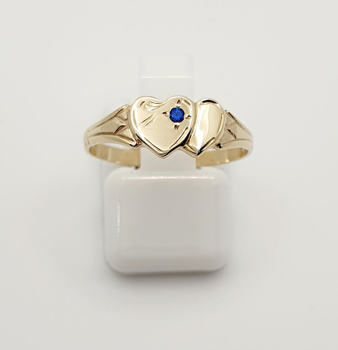 9ct Yellow Gold Signet Ring with Double Heart and Blue Stone. InStock Sizes E 1 2 G H M